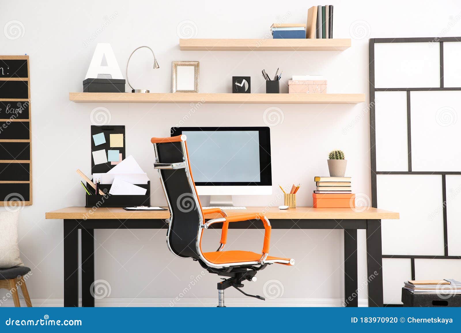 Computer on Table in Office Interior. Stylish Workplace Stock Photo ...
