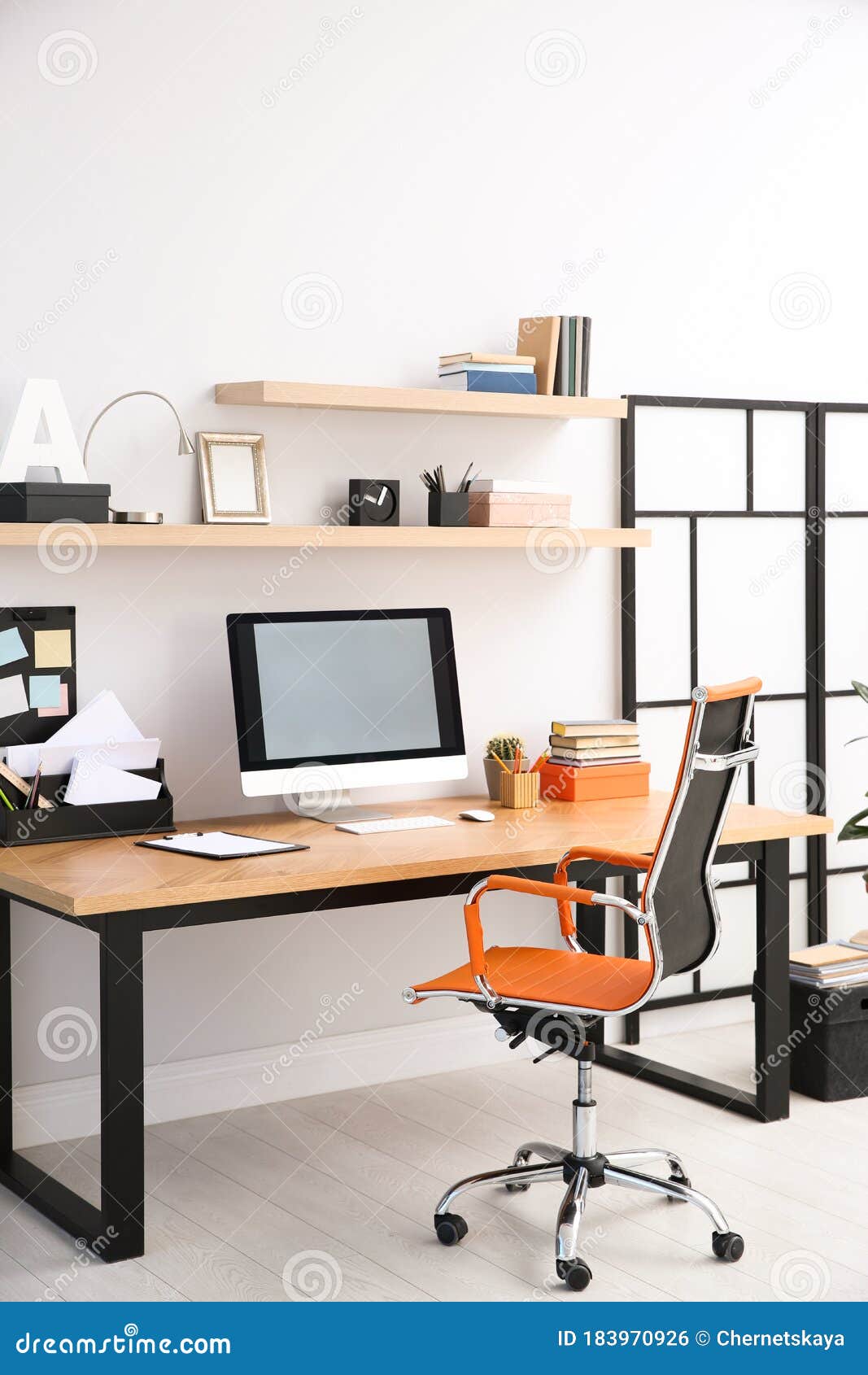 Computer on Table in Office Interior. Stylish Workplace Stock Photo ...