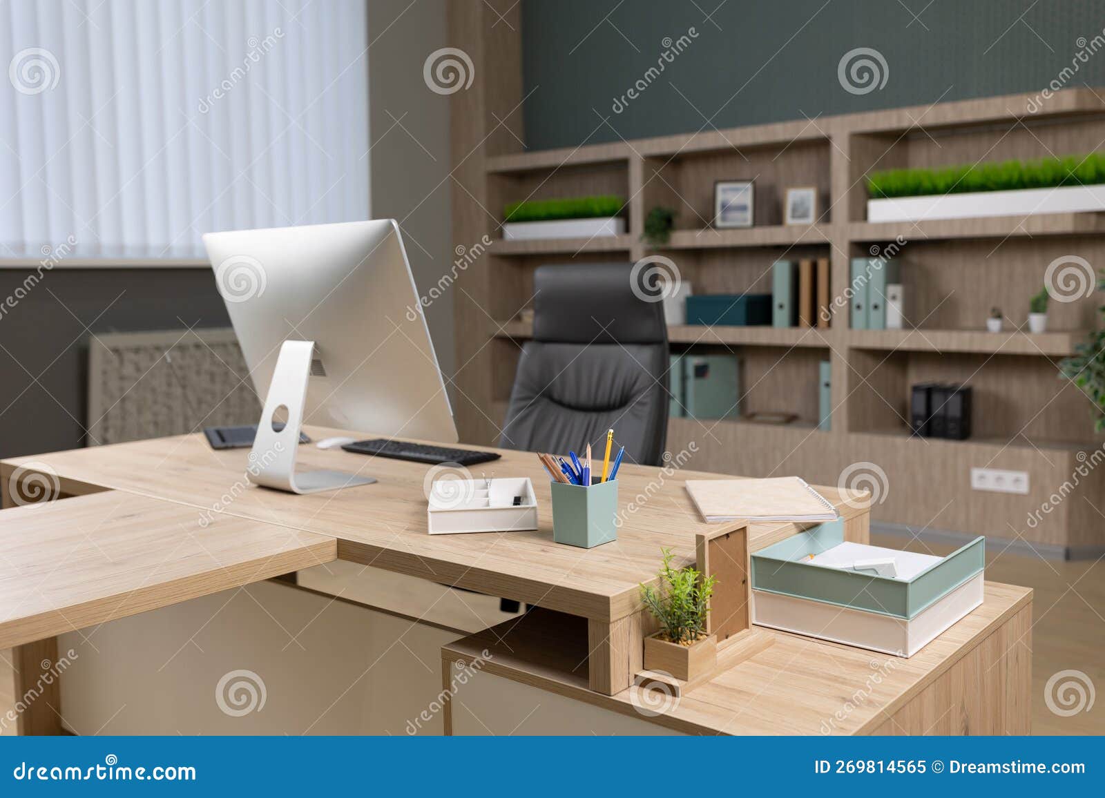 Modern Computer on Table in Office Interior. Stylish Workplace Stock ...