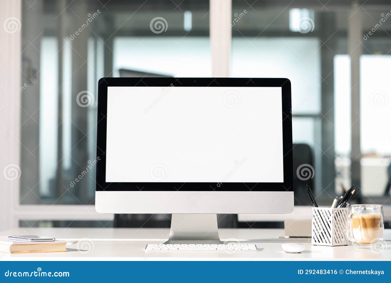Modern Computer on White Desk in Office. Mockup for Design Stock Photo ...