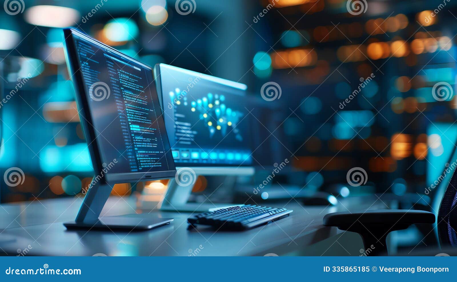 Modern Computer Workspace Featuring Dual Monitors Displaying Data Analysis and Coding in a High ...