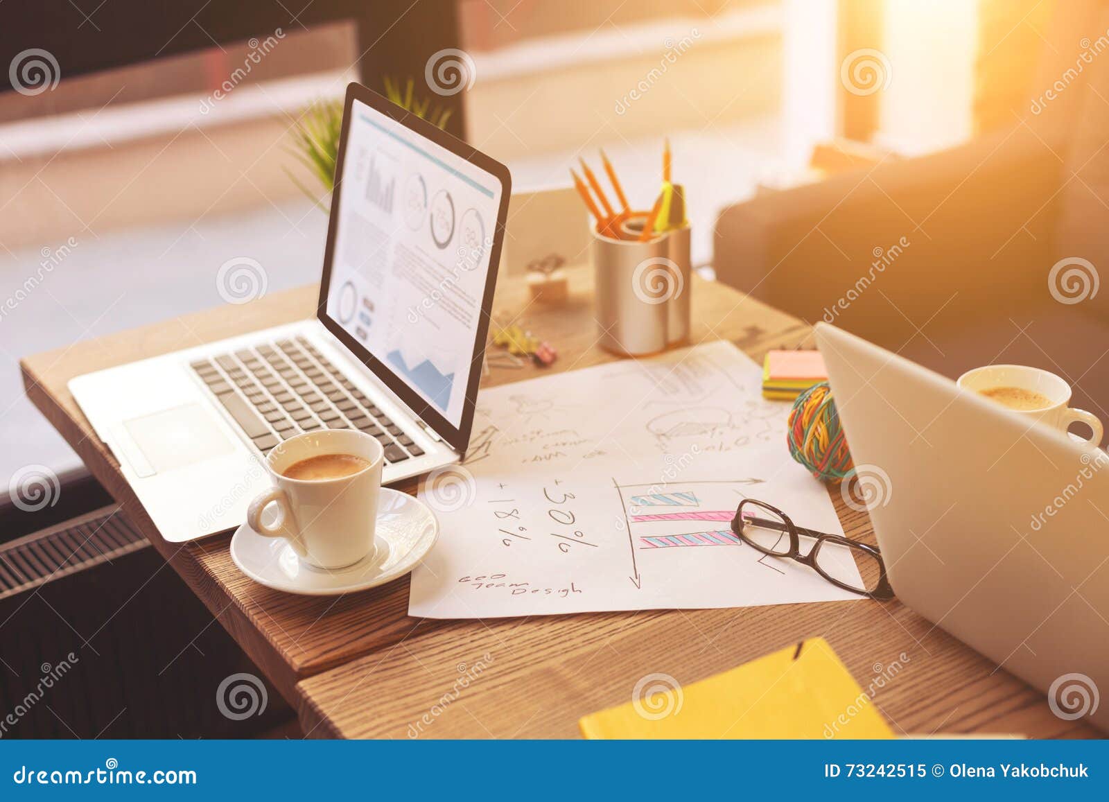 Modern Computers and Hot Drink on Desk Stock Image - Image of keyboard ...