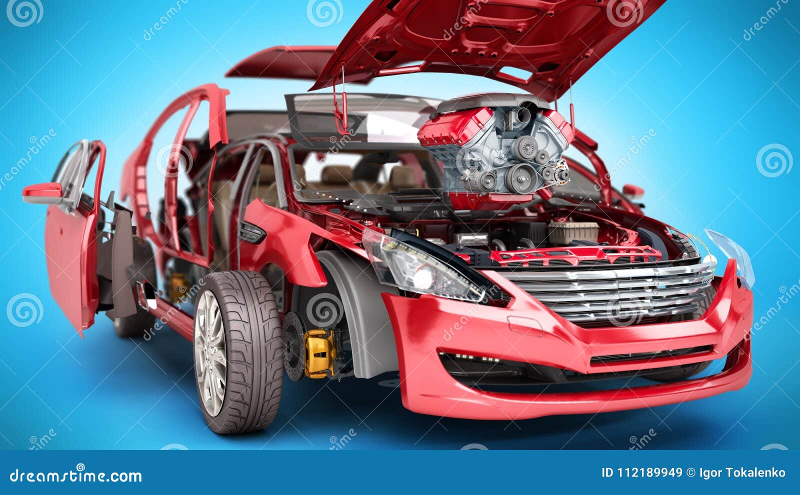 Modern Concept of Auto Repair Work Details of the Red Car on a B Stock ...