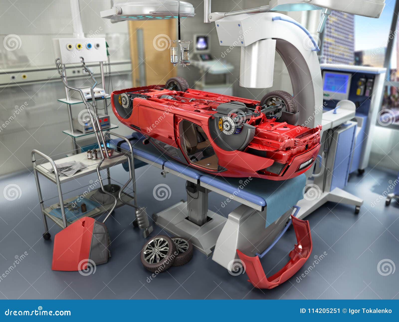 Modern Concept of Auto Repair Work Details of the Red Car on the Stock ...