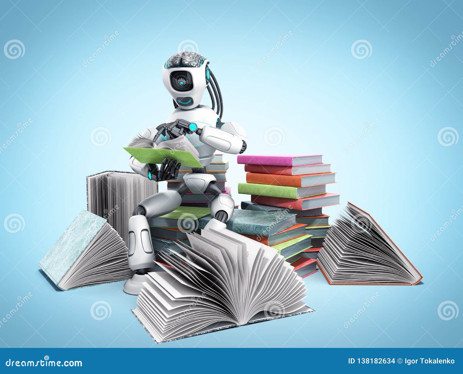Modern Concept of Piece Intelligence Robot is Reading Books Sitting on ...