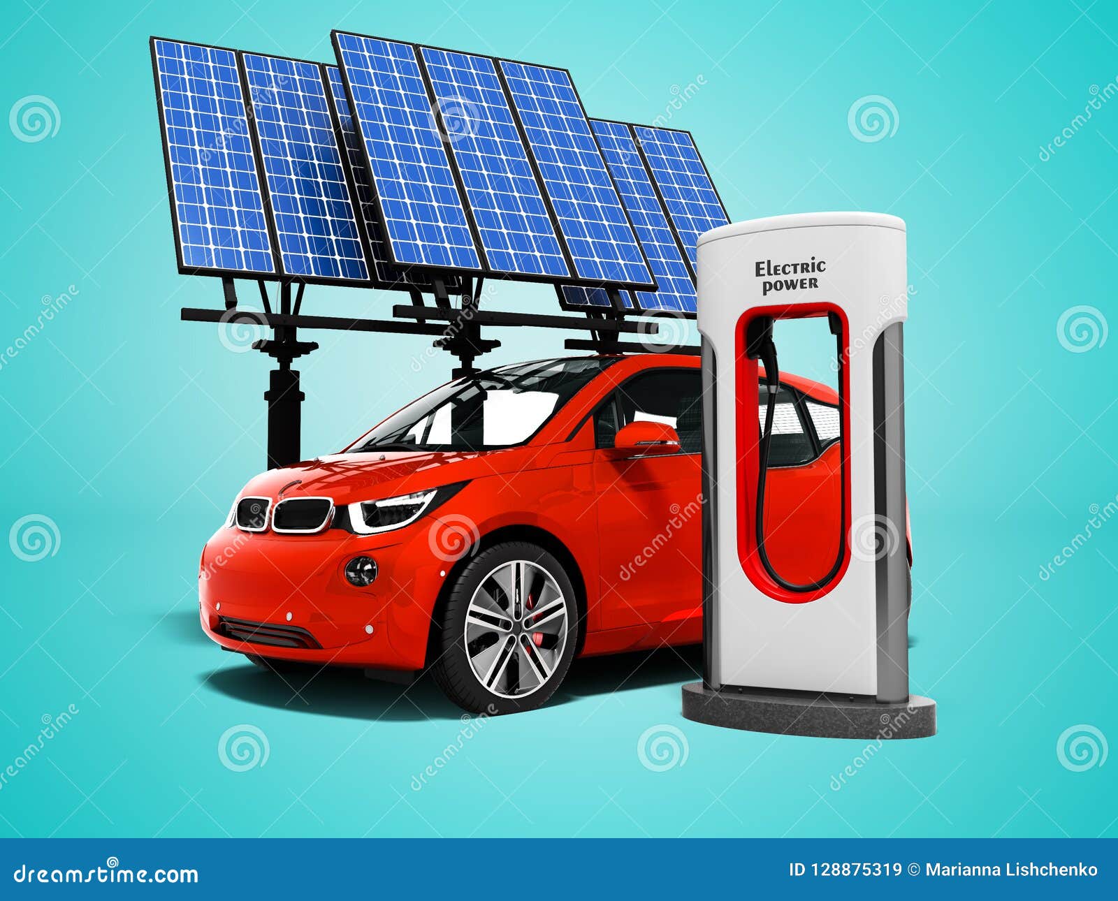 Modern Concept Red Electro Car at Electric Refueling with Solar Panels ...