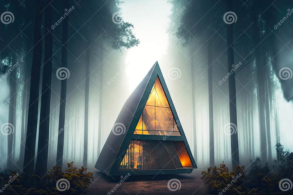 Modern Conceptual Triangular Cottage in Forest in Fog of Tiny House ...