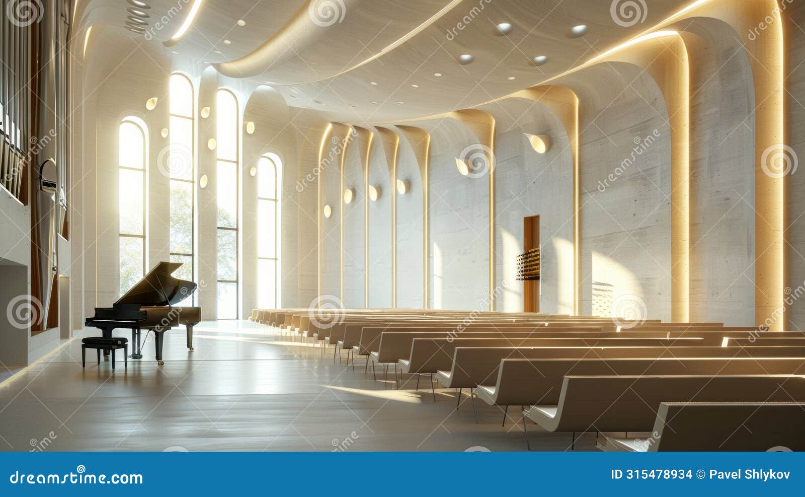 Modern Concert Hall with Piano on Center Stage Stock Photo - Image of ...