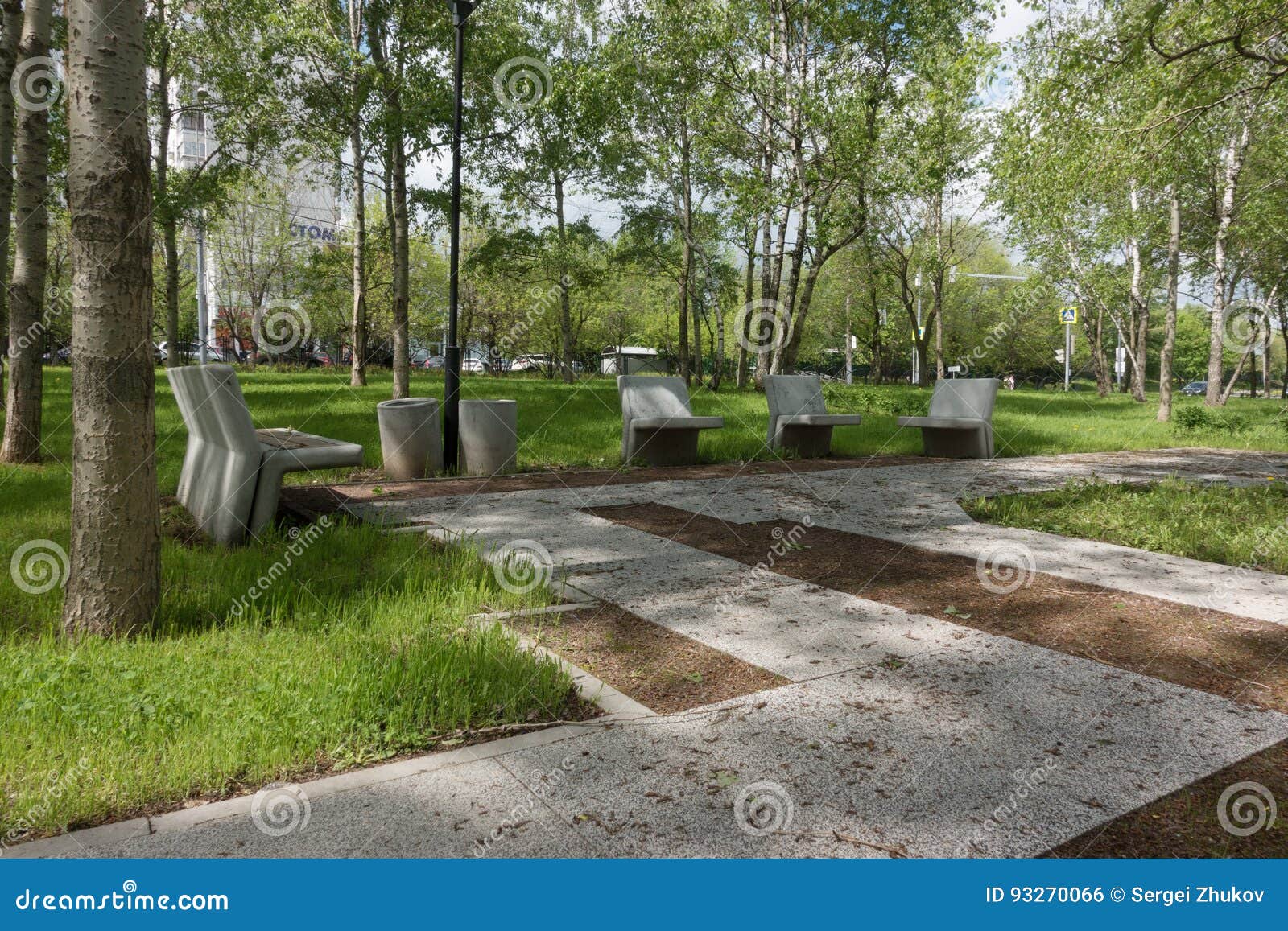 Modern Concrete Benches and Path in a Public Park. Stock Photo - Image ...