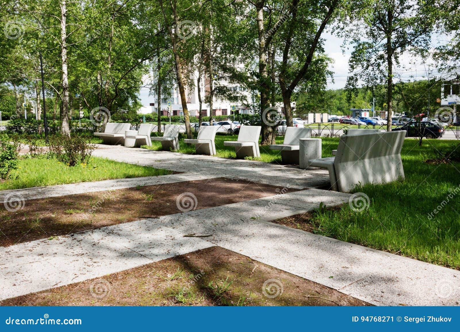 Modern Concrete Benches and Path in a Public Park. Stock Image - Image ...