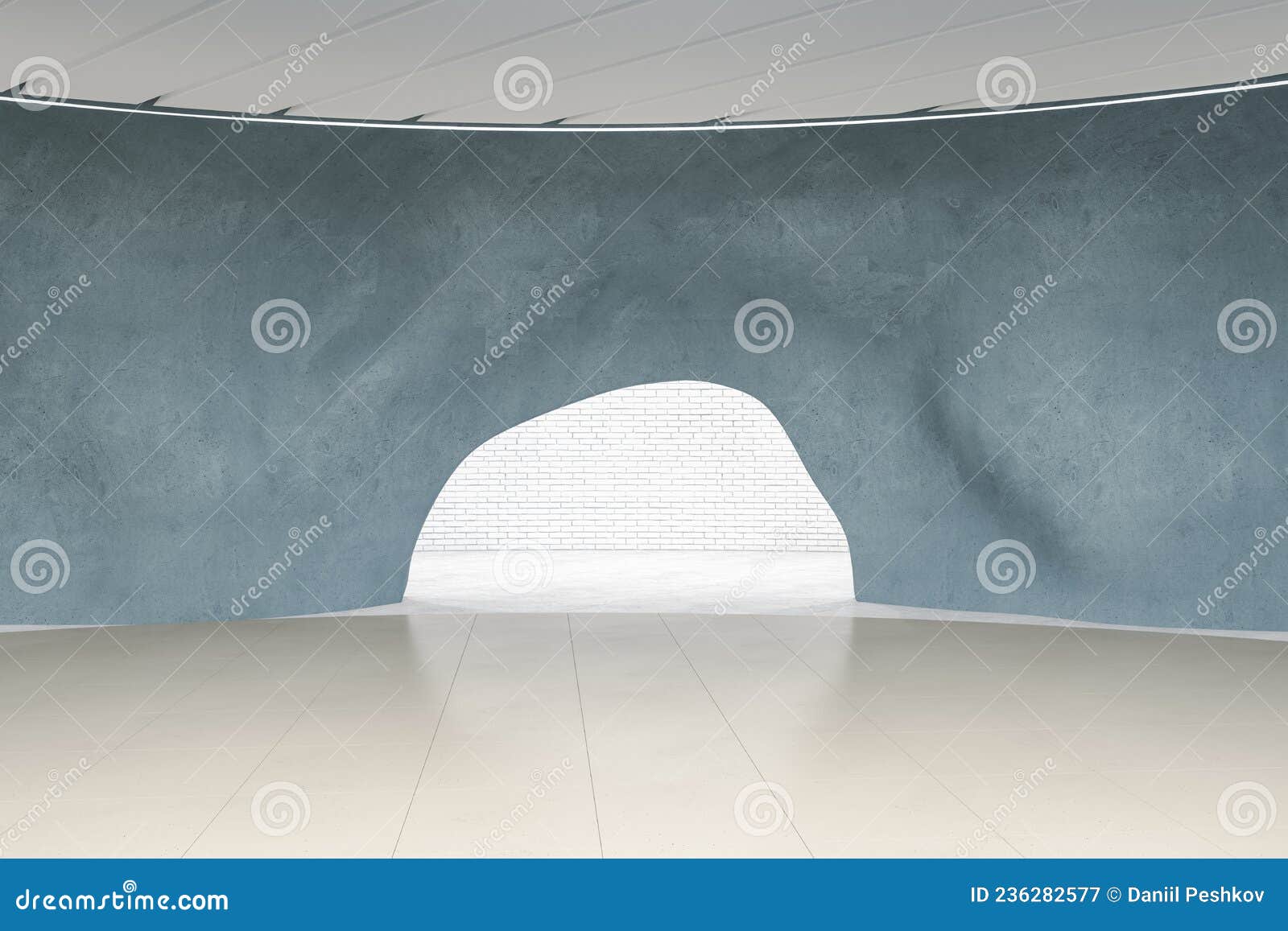 Modern Concrete Cave Interior with Reflections on White Floor. Museum ...