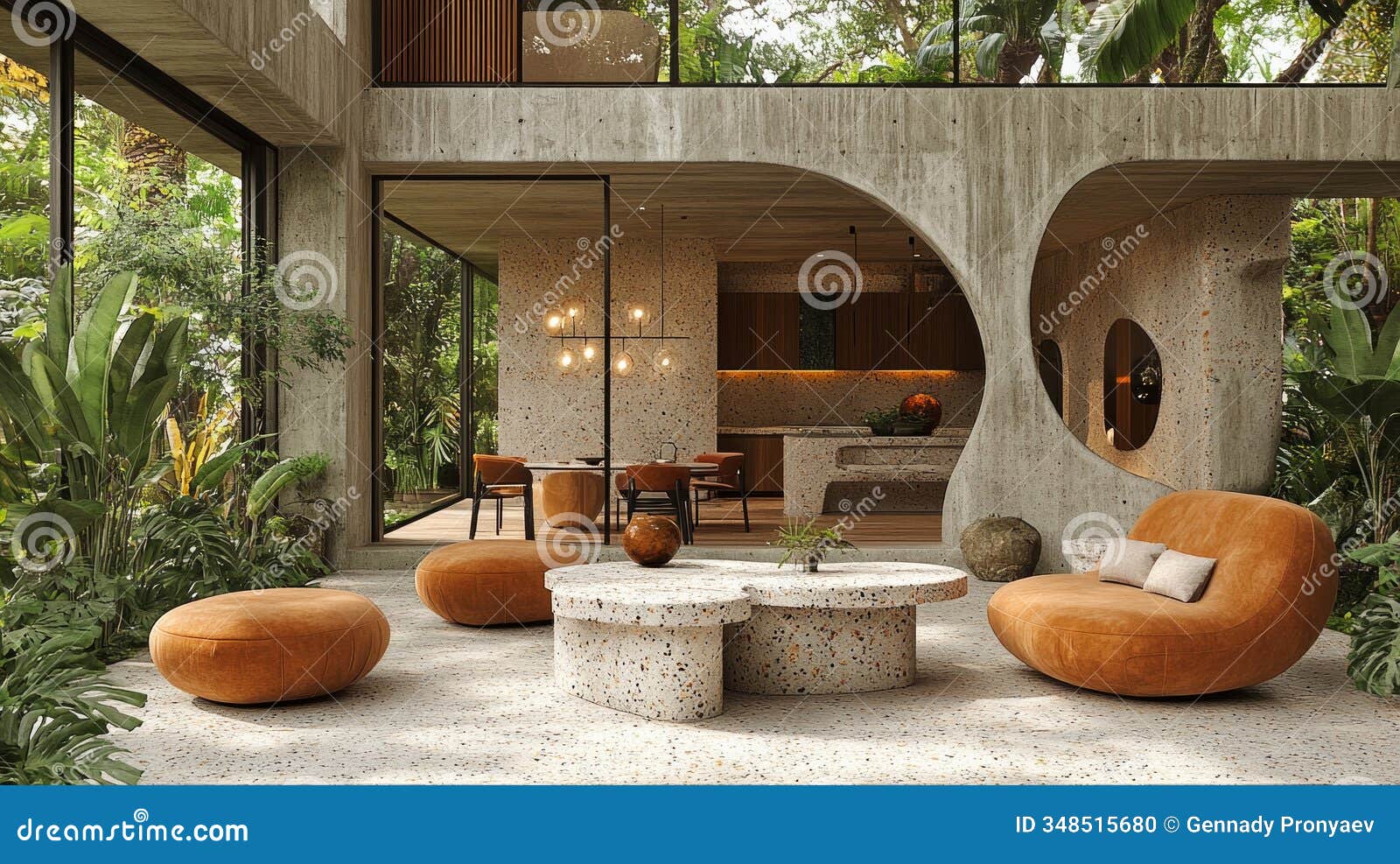Modern Concrete Courtyard with Terrazzo Design and Orange Accents in a ...