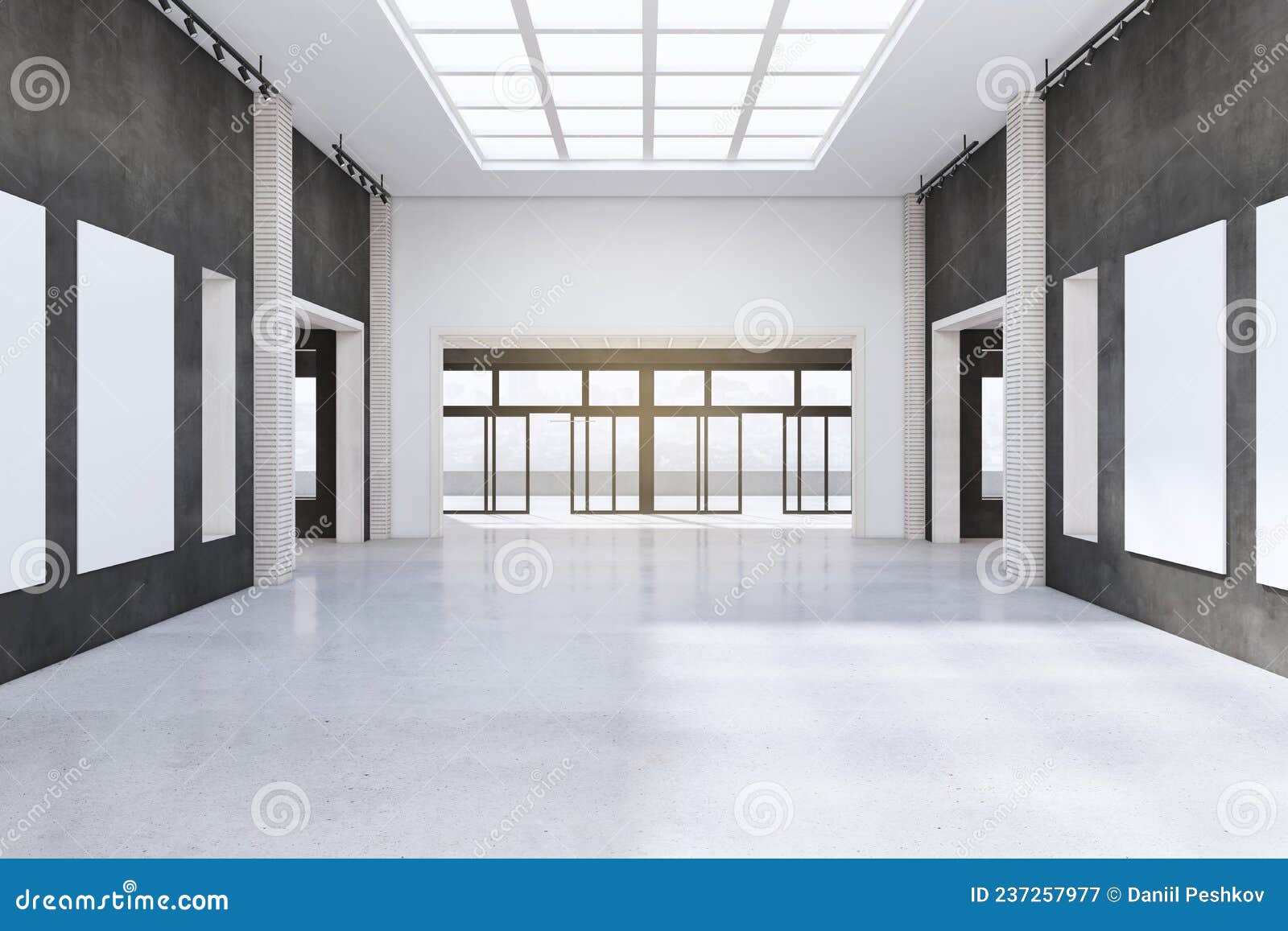 Modern Concrete Exhibition Hall Interior with Empty Posters and ...