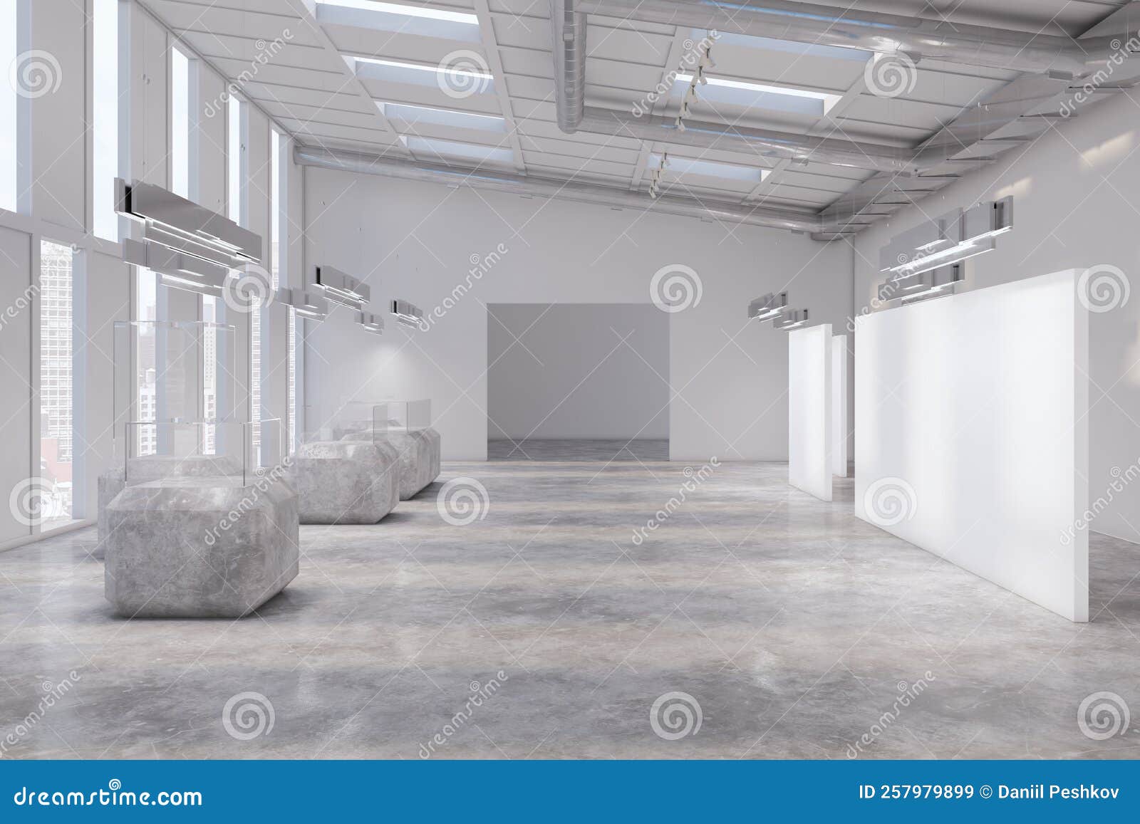 Modern Concrete Exhibition Hall Interior with Showcases, Empty White ...