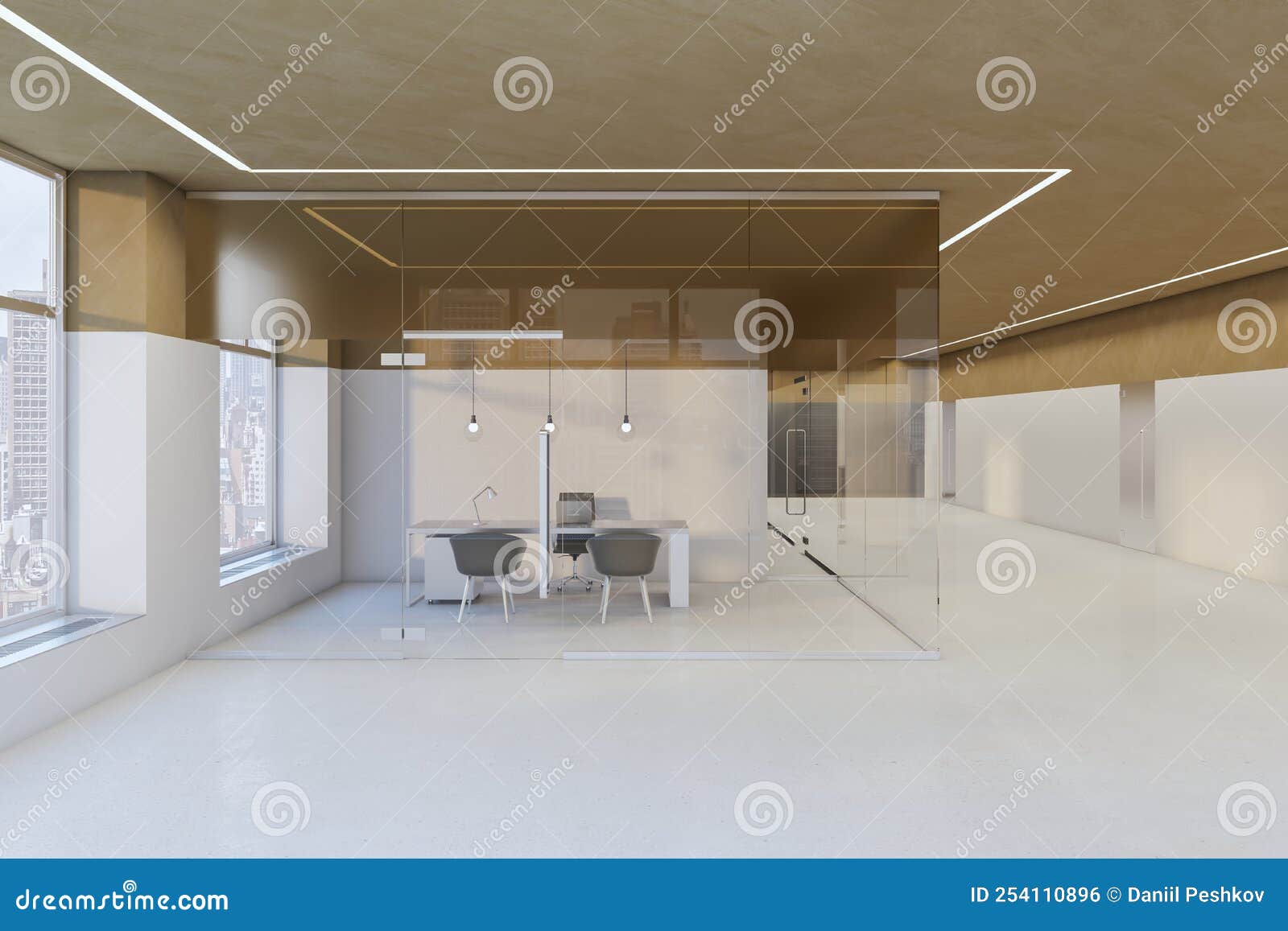 Modern Concrete and Glass Office Interior with Window and City View ...