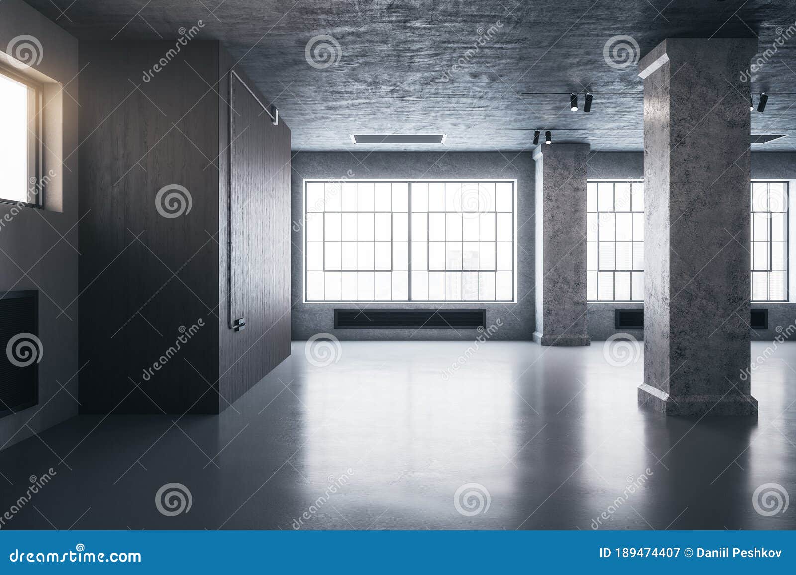 Modern Concrete Gray Interior with Columns and Big Window Stock ...