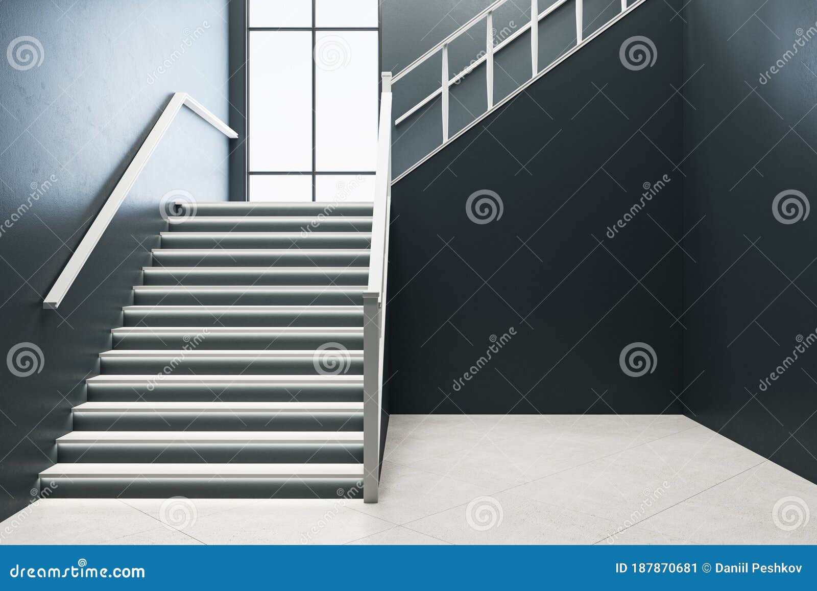 Modern Concrete Hall Interior with Stairs and Window Stock Illustration ...