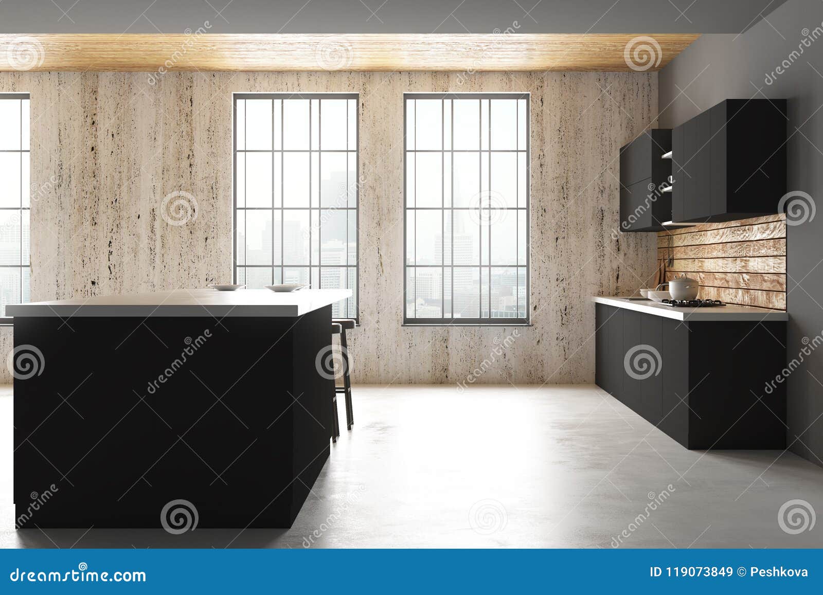 Modern Concrete Kitchen Interior with Copyspace Stock Illustration ...