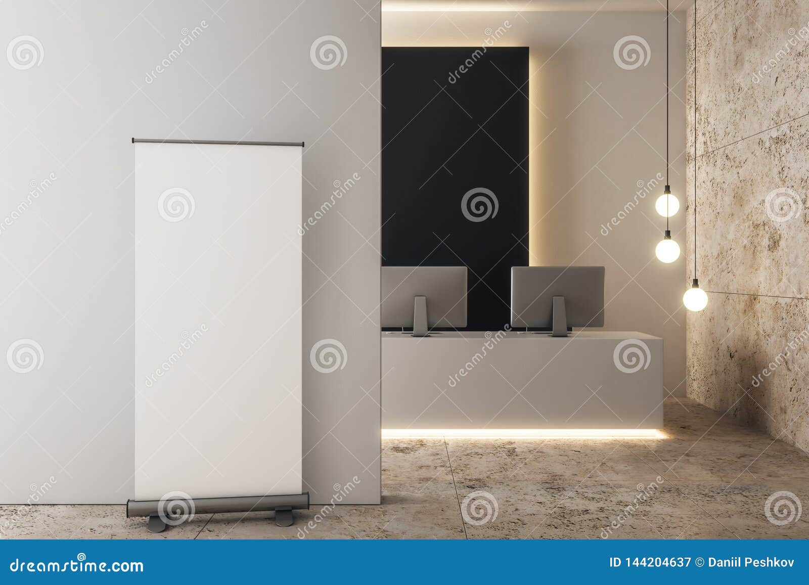 Modern Concrete Lobby with Stand Stock Illustration - Illustration of ...