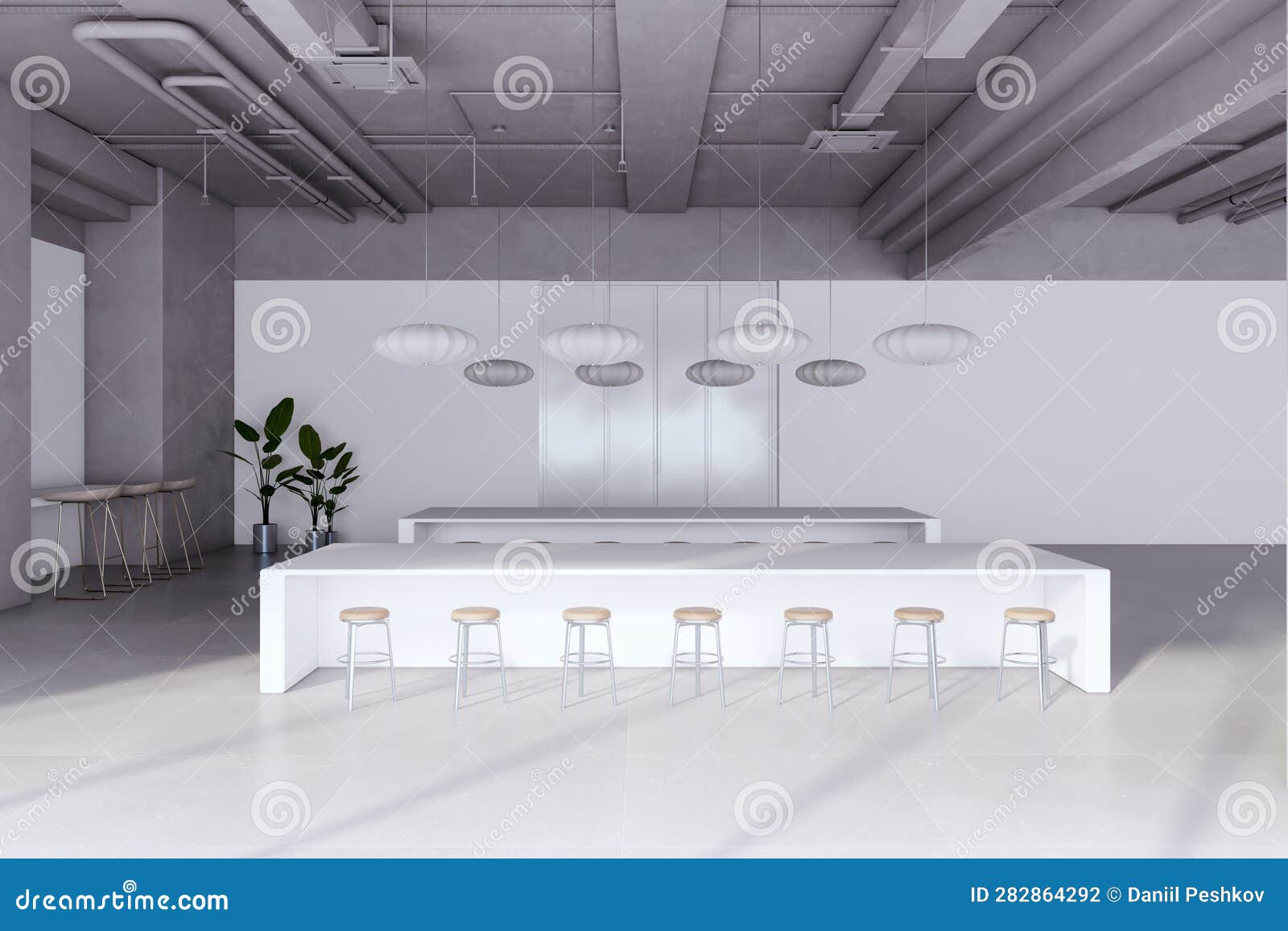 Modern Concrete Meeting Room Interior with Kitchen, Decorative Plants ...