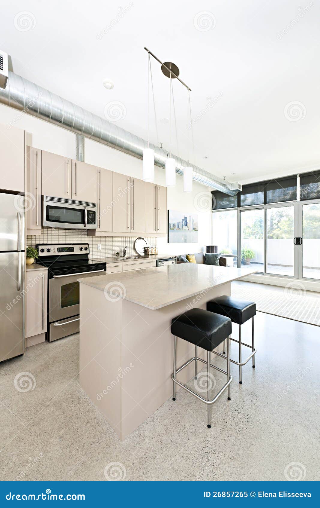 Modern Condo Kitchen and Living Room Stock Image - Image of kitchen ...