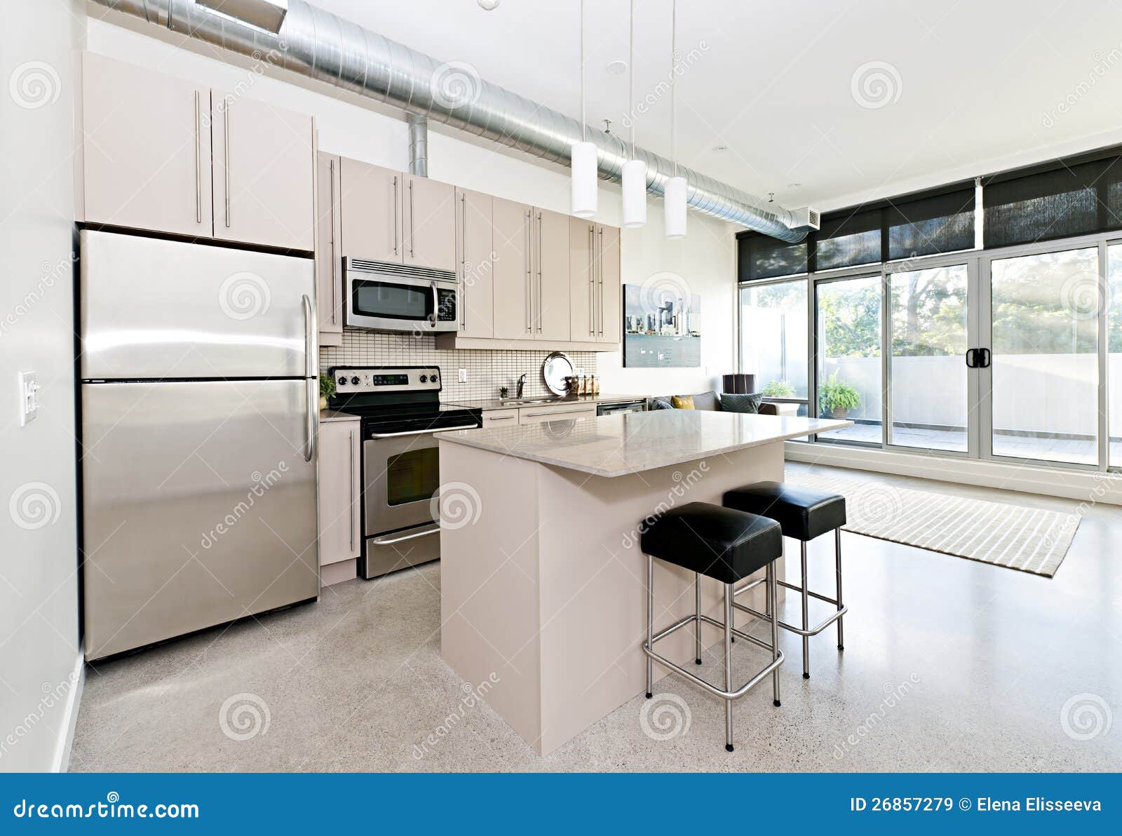 Modern Condo Kitchen and Living Room Stock Image - Image of furniture ...