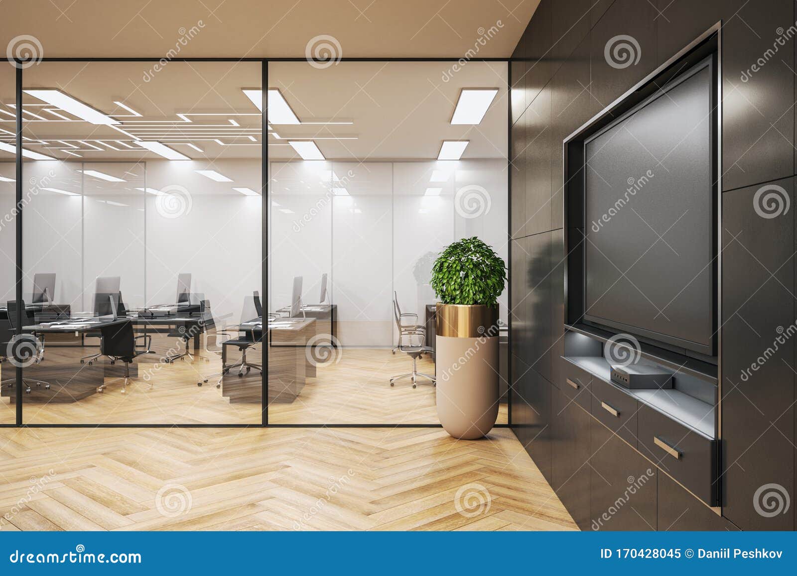Modern Conference Interior Room with Blank Tv Screen Stock Illustration ...