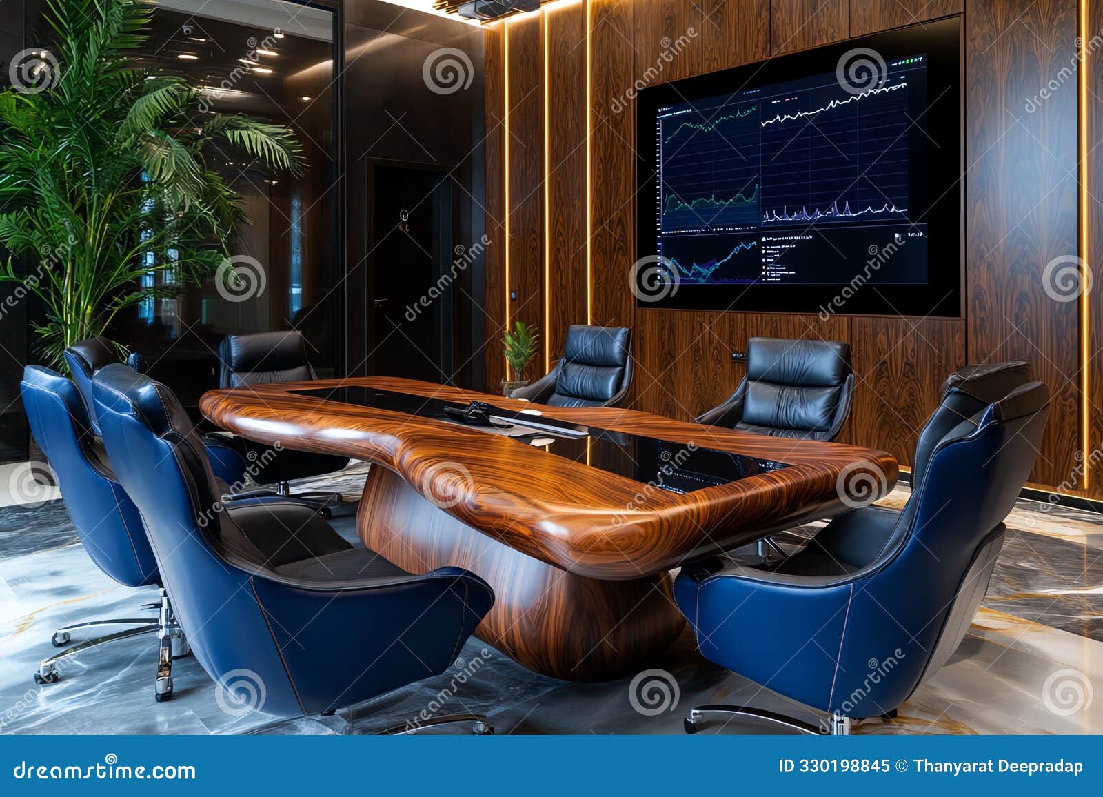 Modern Conference Room with Executives in Video Call Discussing Charts ...