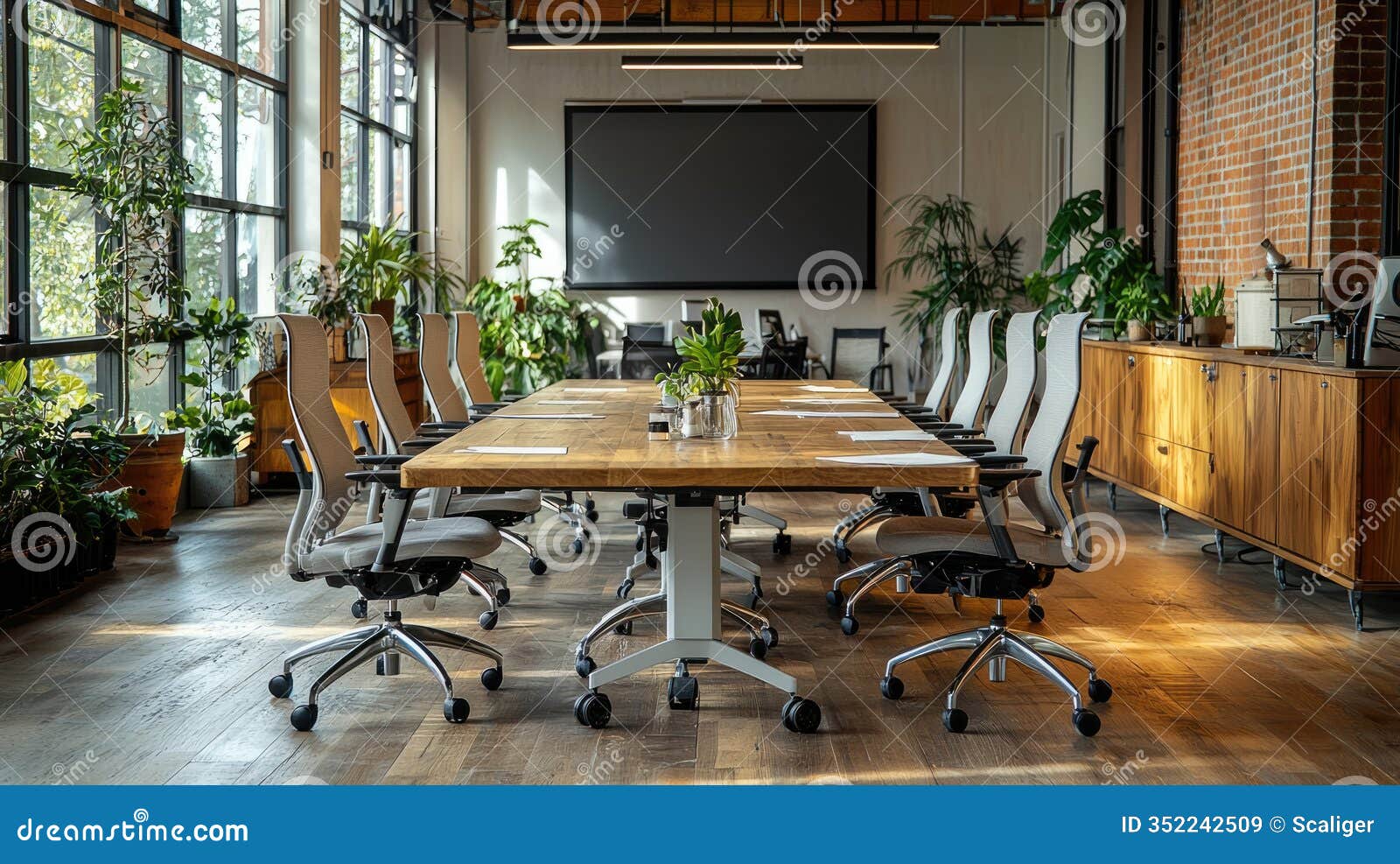 Modern Conference Room with Greenery and Large Wooden Table in Bright ...
