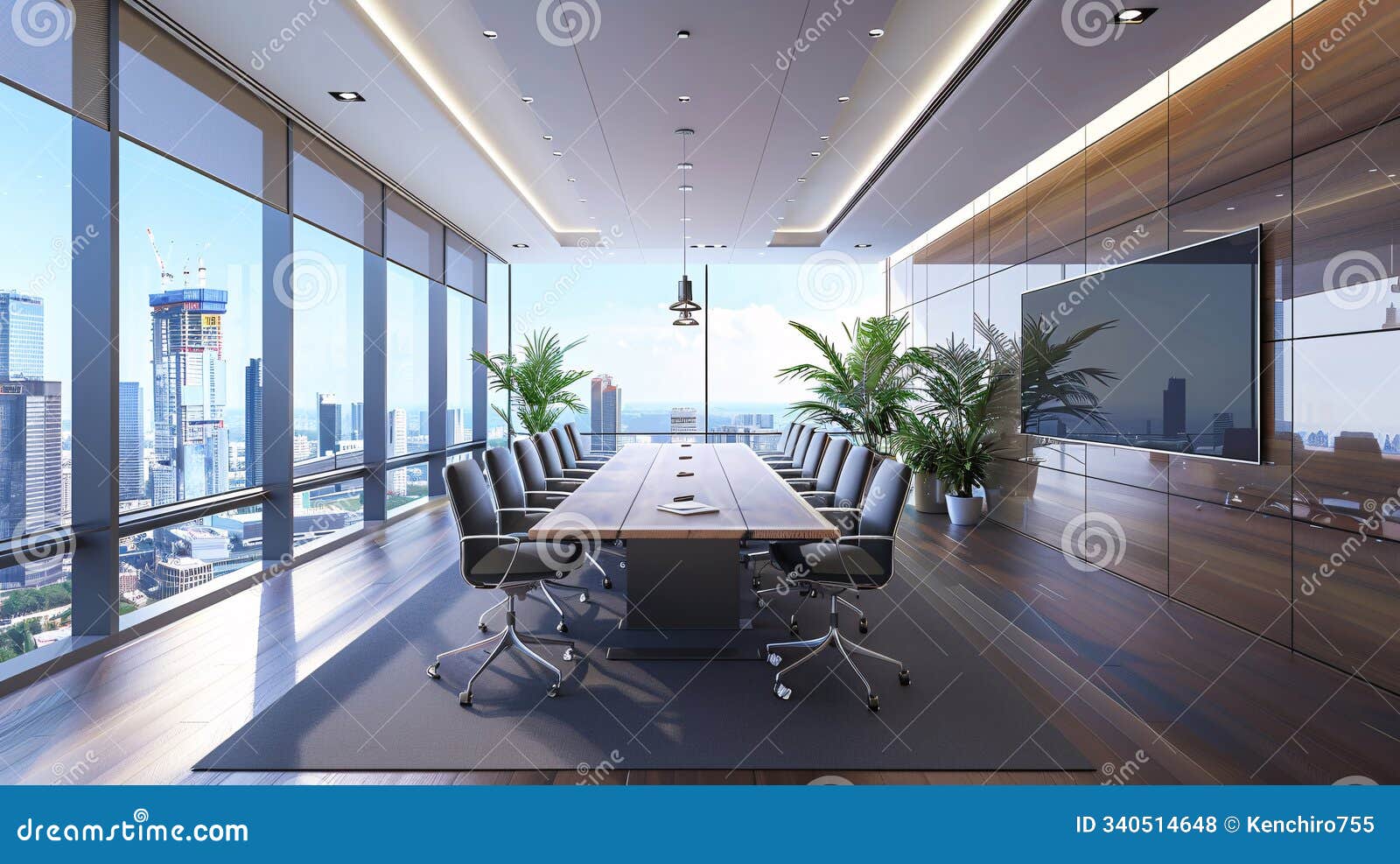 Modern Conference Room with Large Windows and City View, Featuring Long ...
