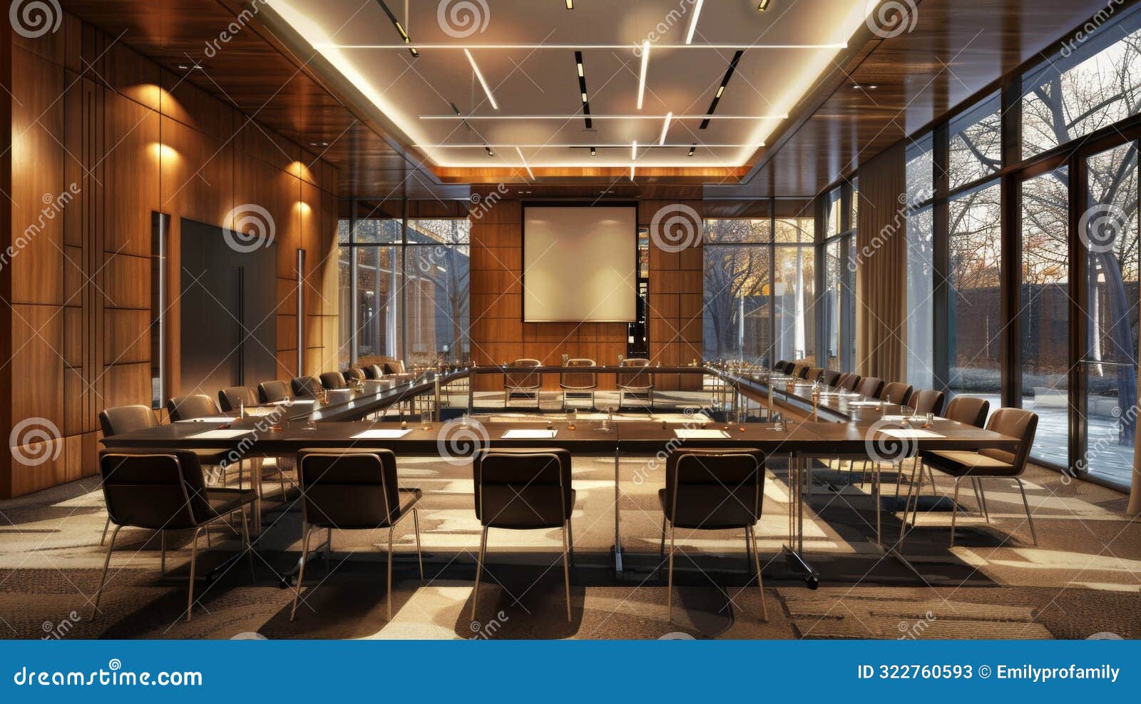 Modern Conference Room with Large Windows Stock Image - Image of ...
