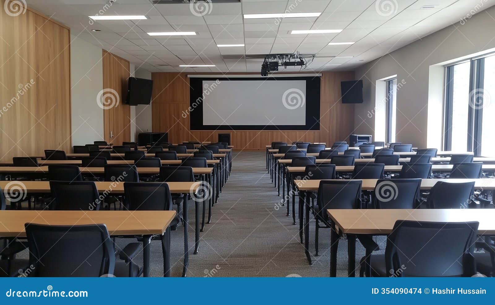 Modern Conference Room Lecture Hall Classroom Setup Rows of Tables and ...
