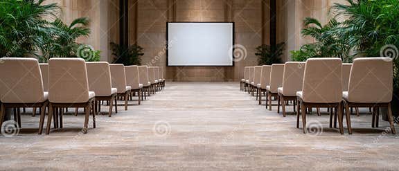 Modern Conference Room with Projection Screen and Tropical Plants Stock ...