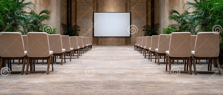 Modern Conference Room with Projection Screen and Tropical Plants Stock ...