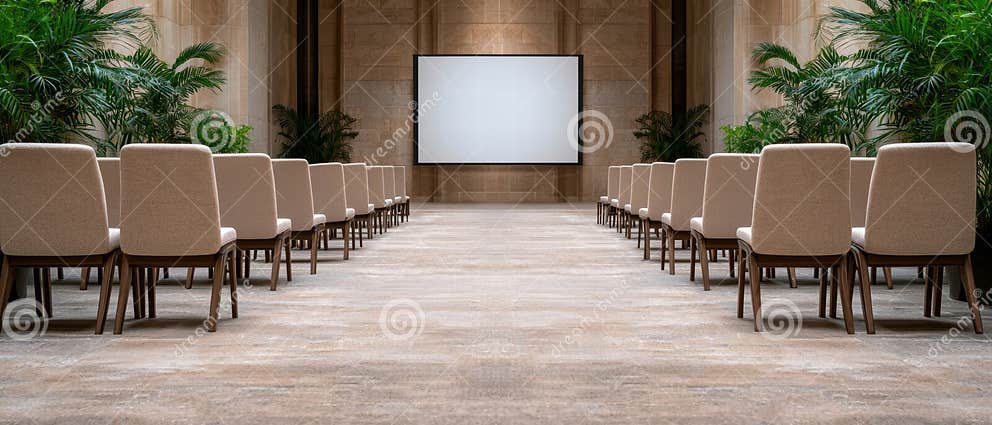 Modern Conference Room with Projection Screen and Tropical Plants Stock ...