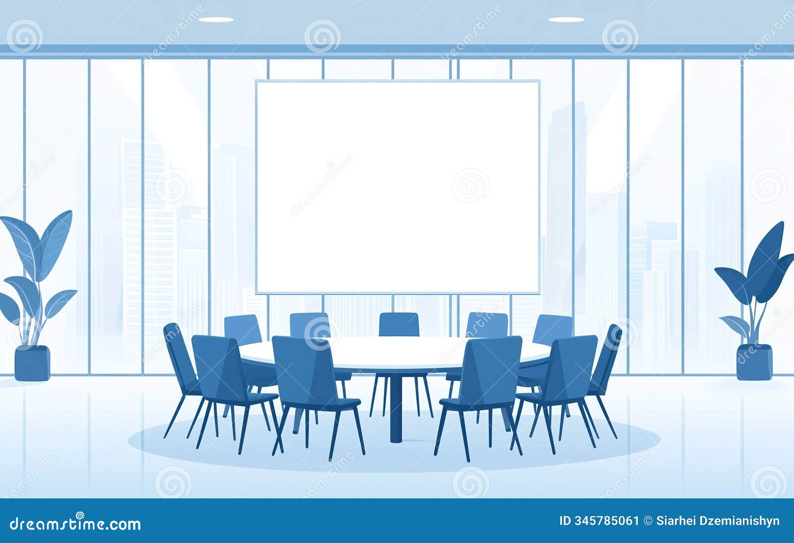 Modern Conference Room with a Round Table and Blue Chairs, Designed for ...