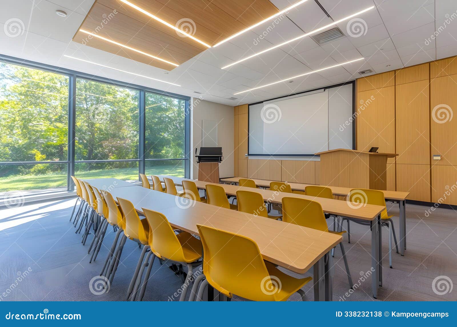 Modern Conference Room with Tables, Chairs, and a Presentation Area ...