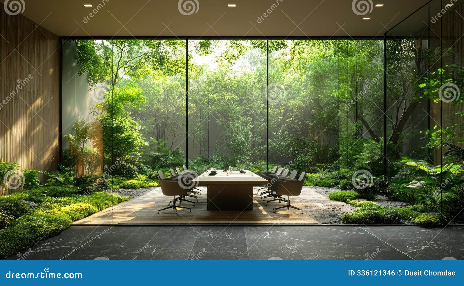 A Modern Conference Room with Transparent Walls, Surrounded by Lush ...