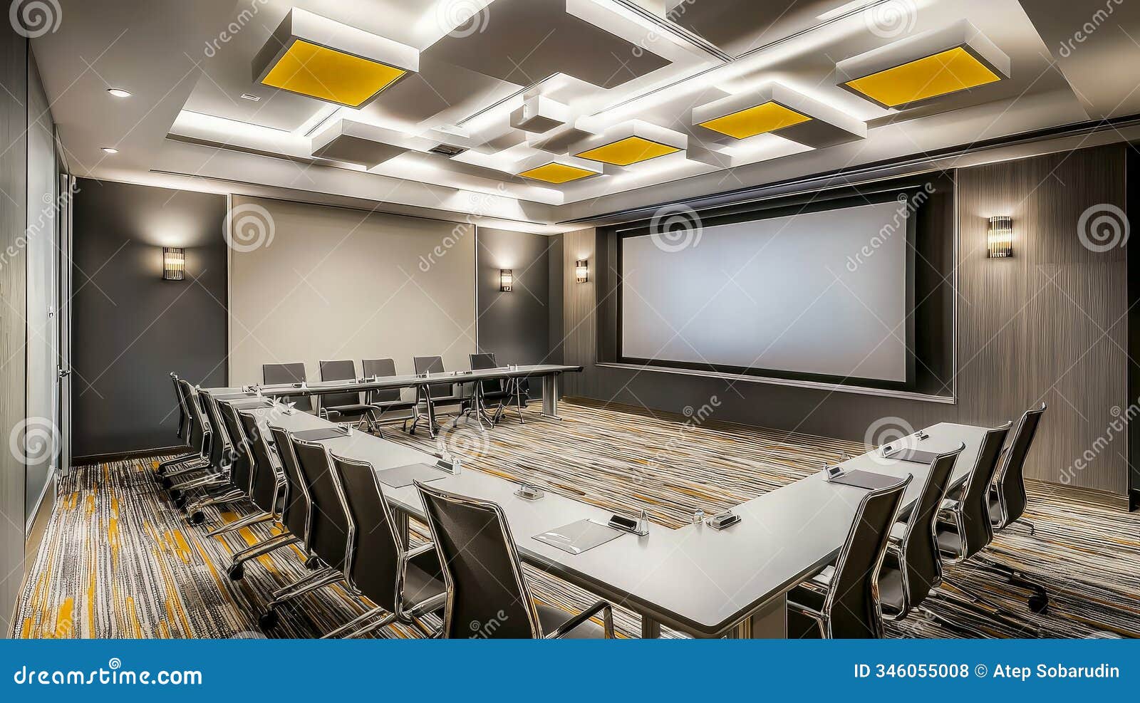 Modern Conference Room with U-shaped Tables, Projector Screen, and ...