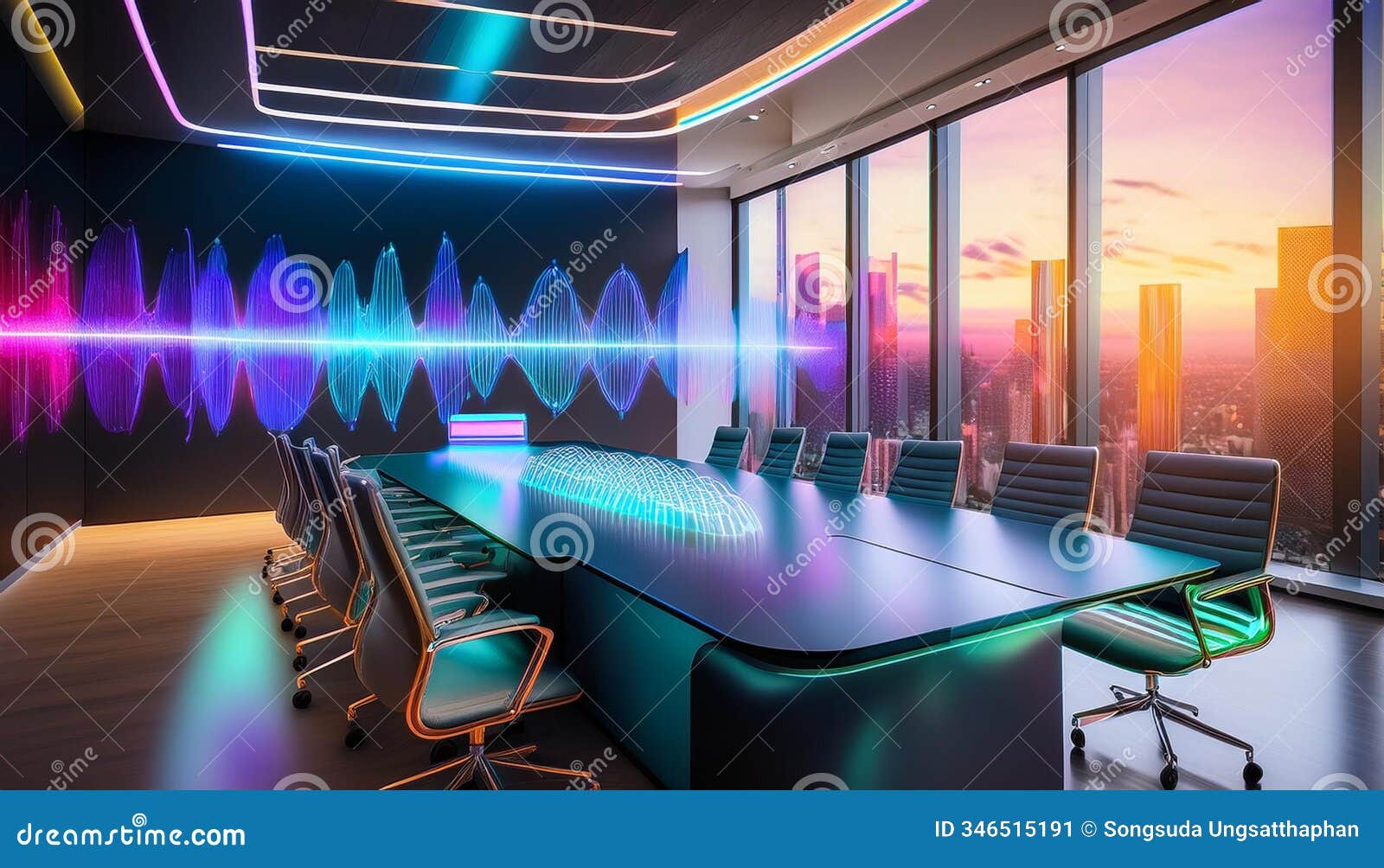 Modern Conference Room with a Virtual Assistant Hologram, Sound Waves ...