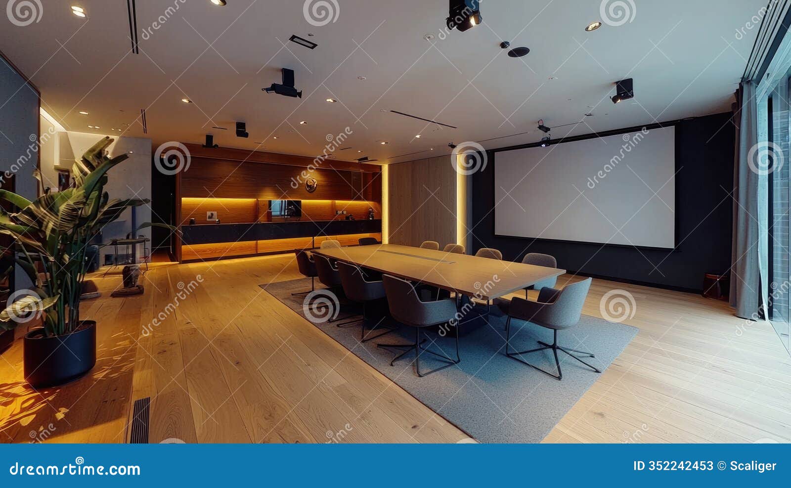 Modern Conference Room with Wooden Flooring and Projector Screen Stock ...