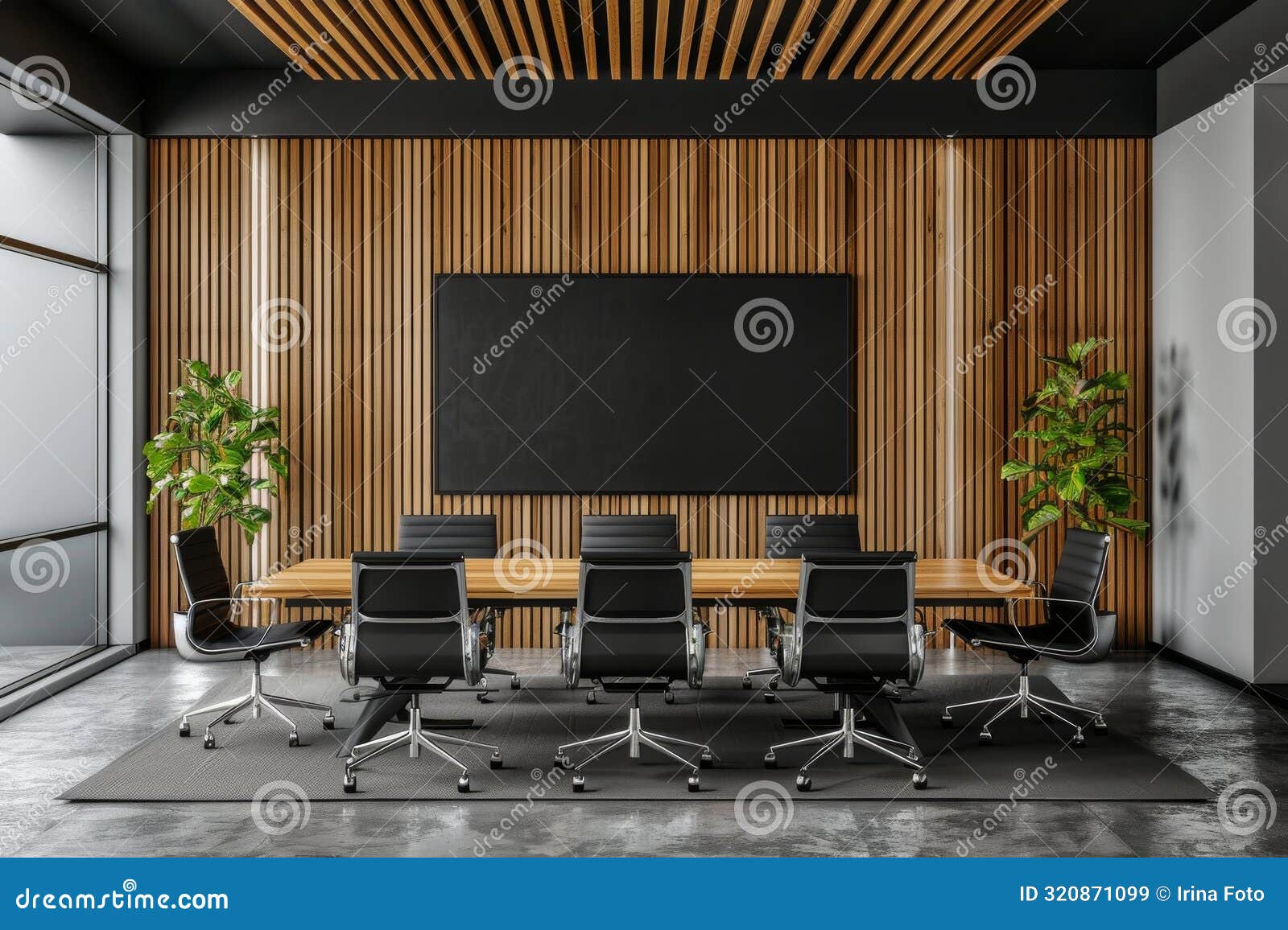 Modern Conference Room with Wooden Panels and Plants. Stock Image ...