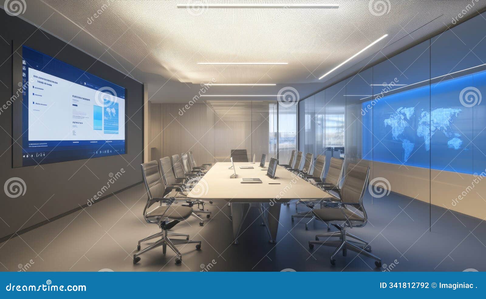 Modern Conference Room with World Map and Laptop on Table Stock ...