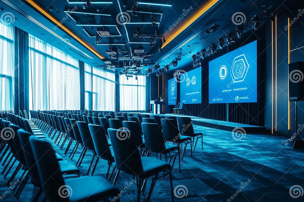 A Modern Conference Setting with Empty Rows of Chairs and Bright ...