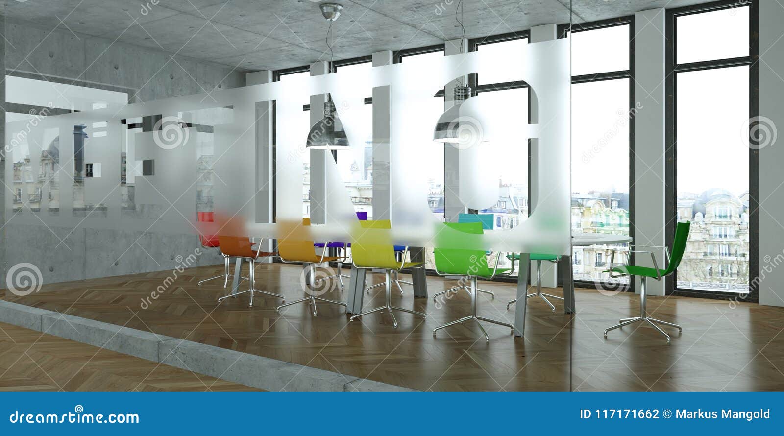 Modern Conference Table with Colored Chairs Interior Design. 3d ...