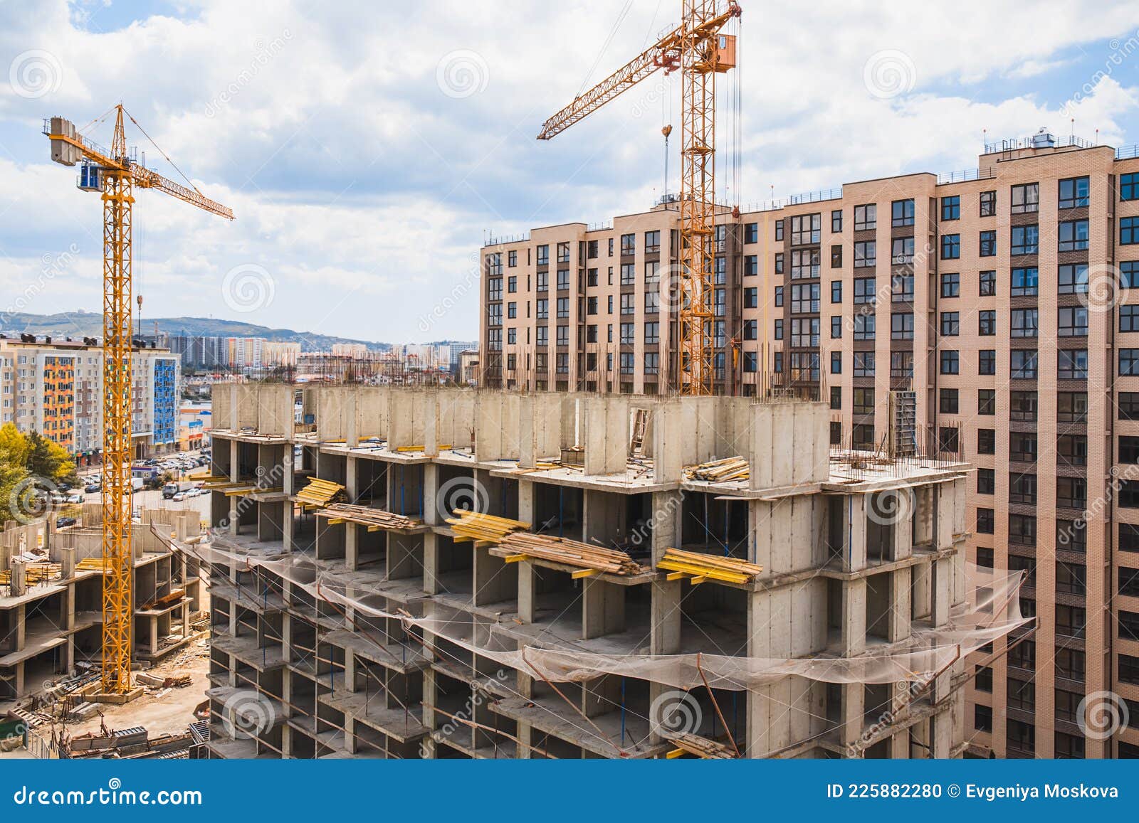 Modern Construction Site with Cranes. Incomplete Building Construction ...
