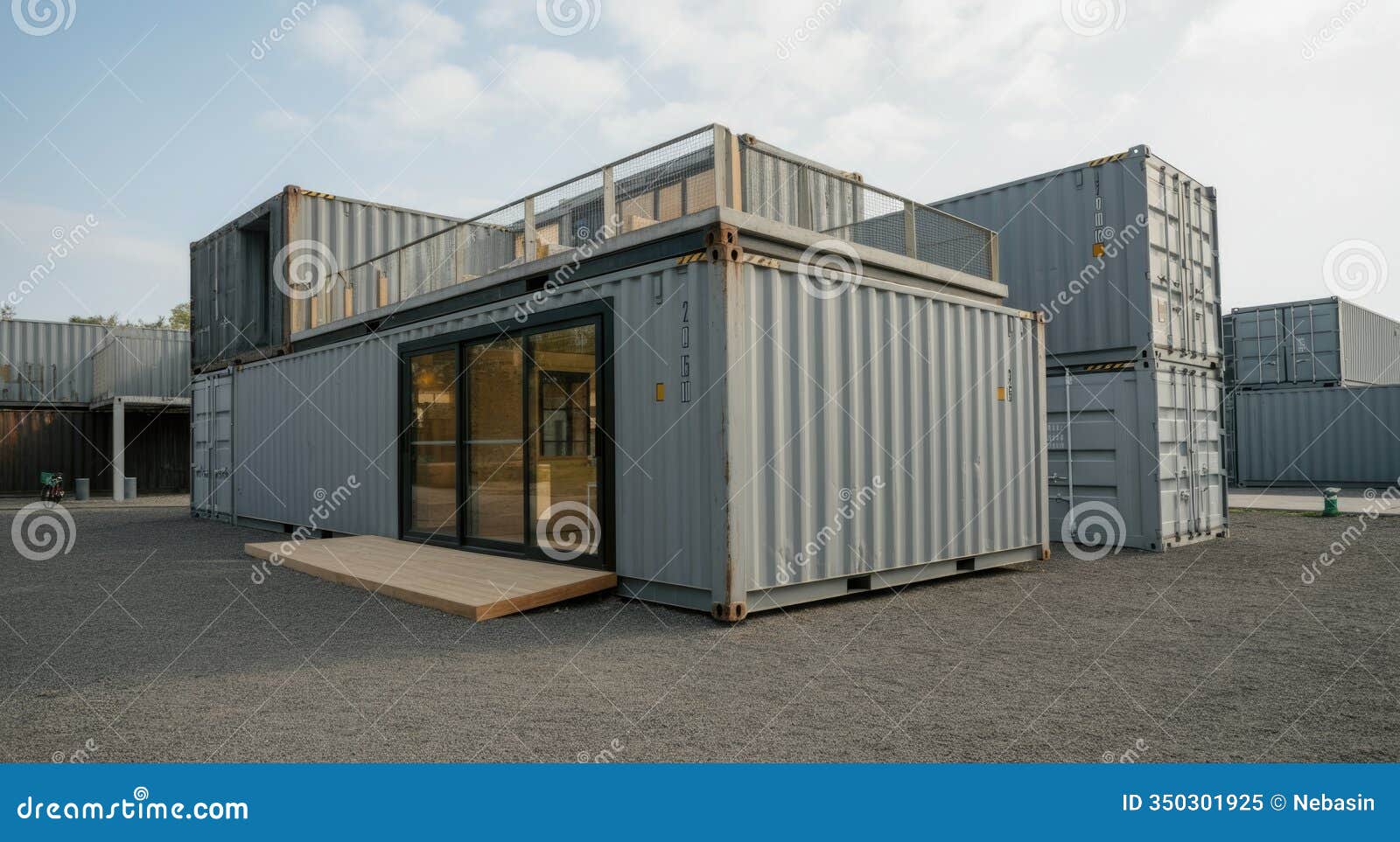 Modern Container Home with Rooftop Terrace and Modular Design Stock ...