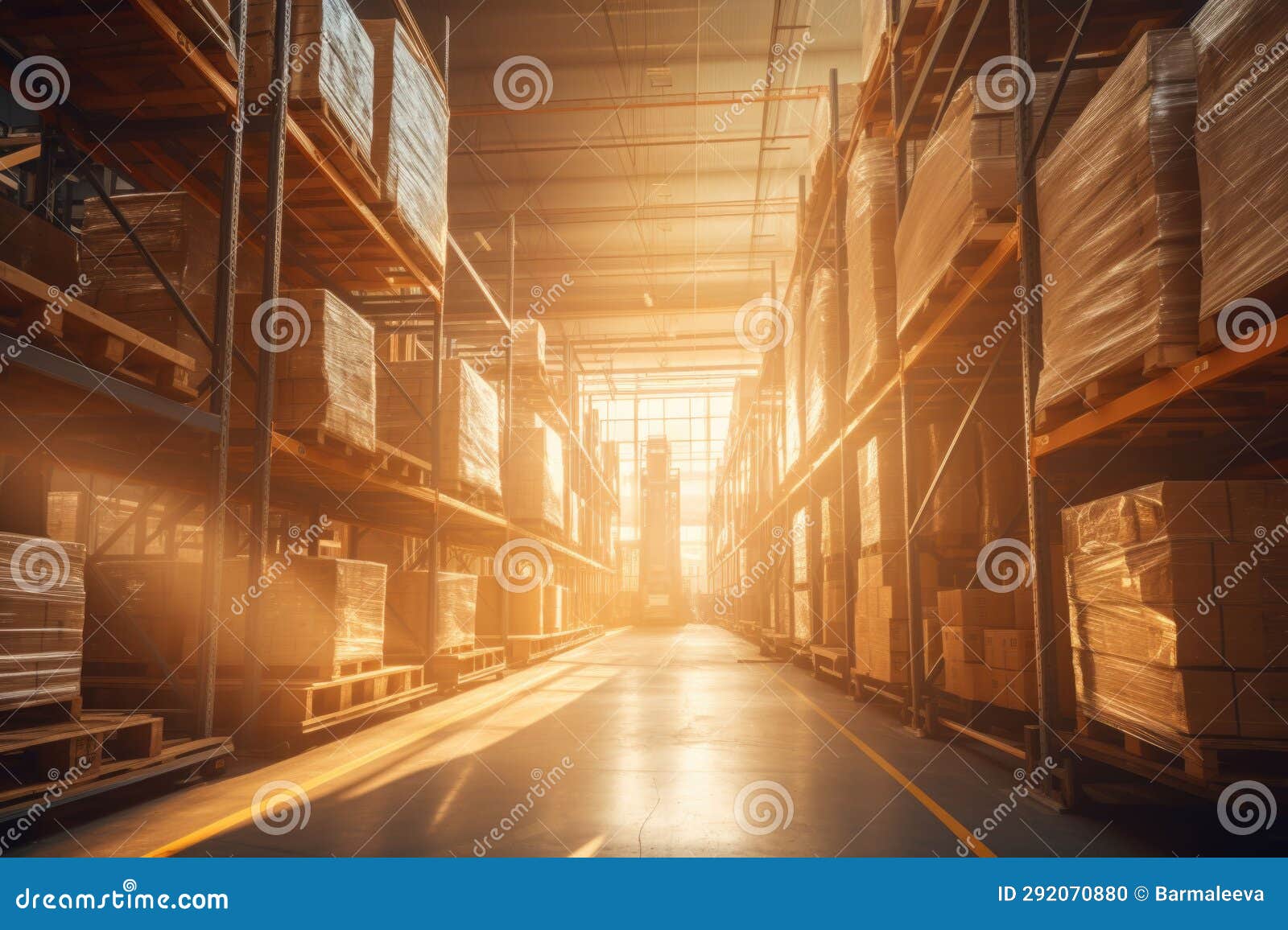 Modern Contemporary Warehouse with Warm Sunlight Filtering through Rows ...