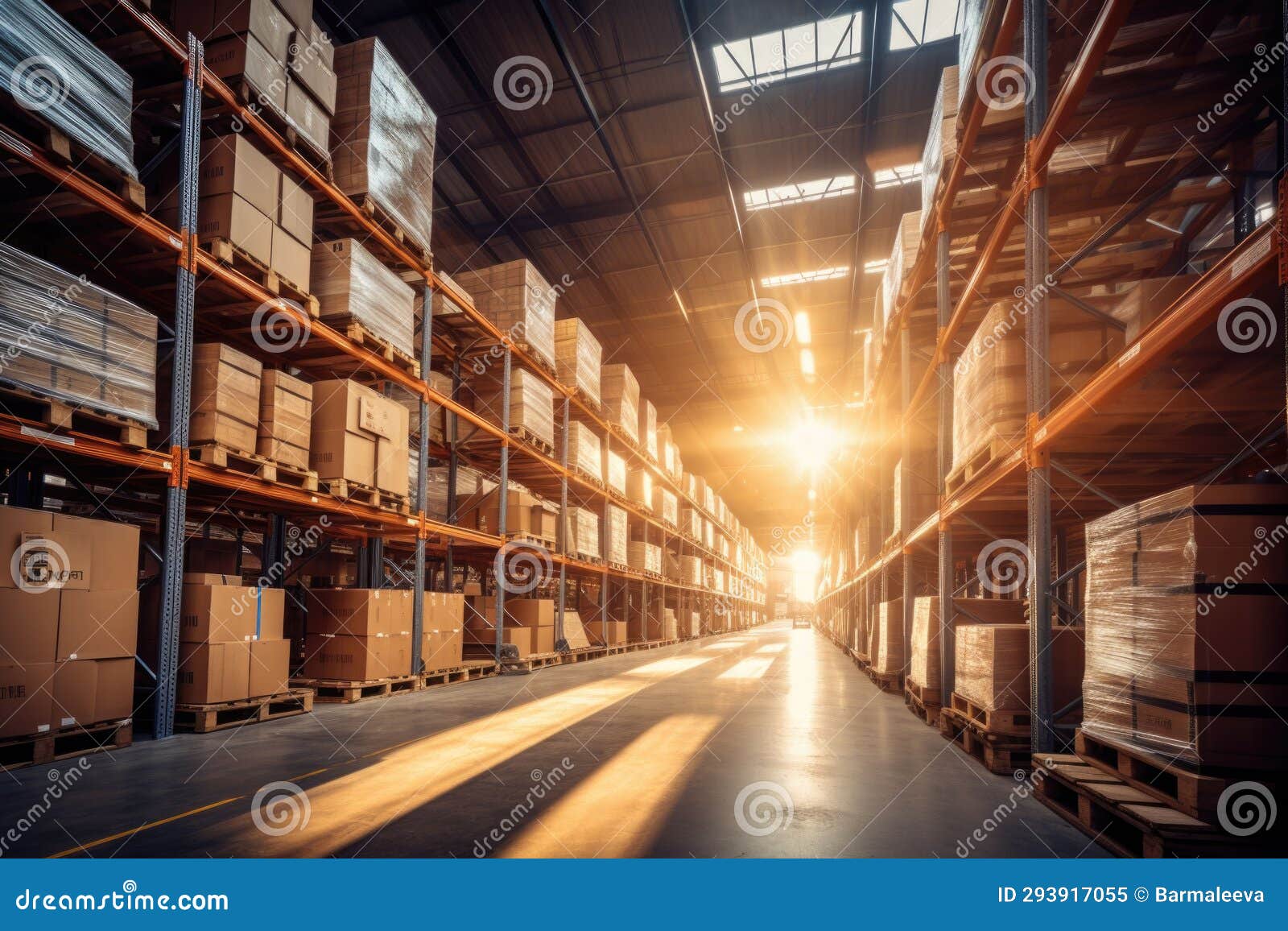 Modern Contemporary Warehouse with Warm Sunlight Filtering through Rows ...