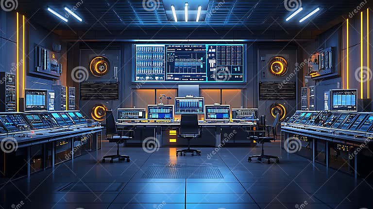 Modern Control Room with Advanced Robotics and High Tech Displays ...
